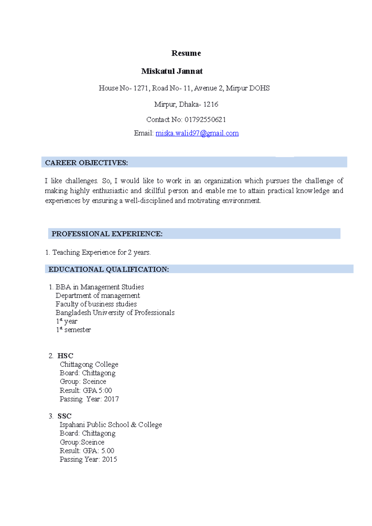 Miska 1 - note - Resume Miskatul Jannat House No- 1271, Road No- 11 ...