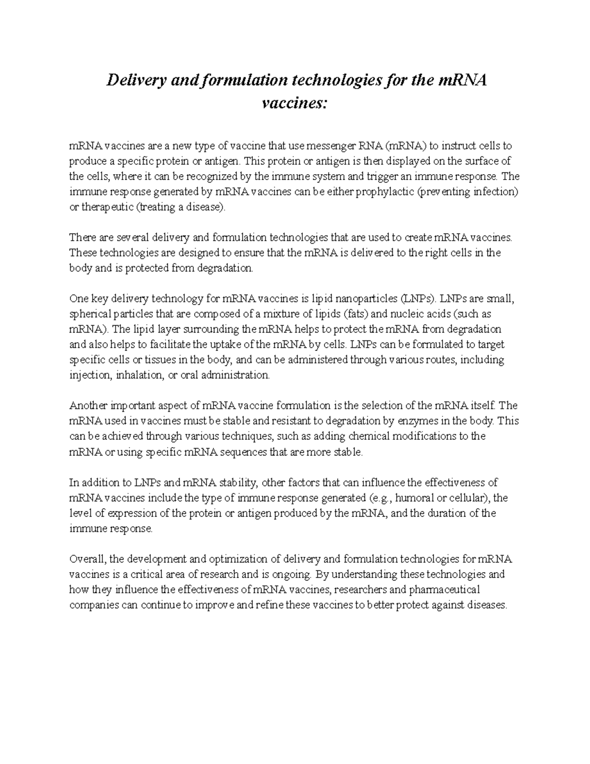 Notes on Delivery and formulation technologies for the m RNA vaccines ...