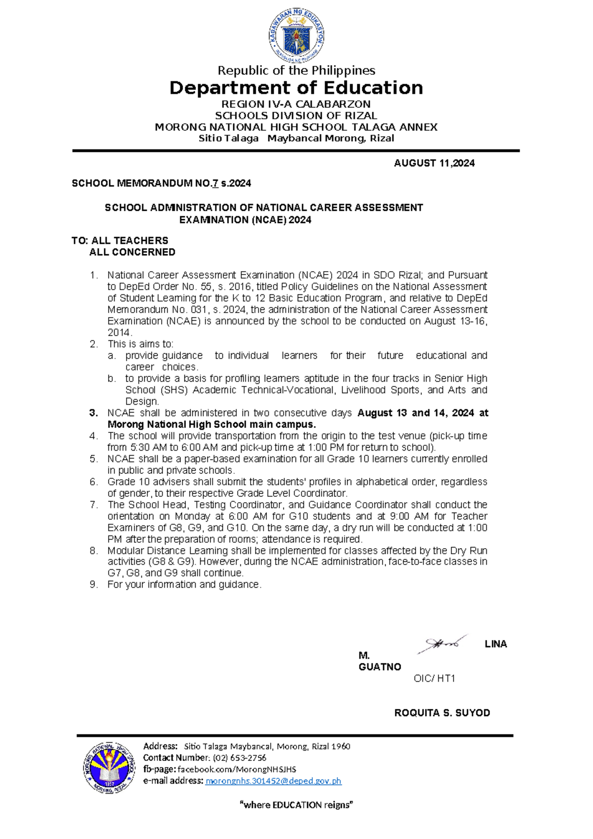 School-Memo-No - Memorandum - Republic of the Philippines Department of ...