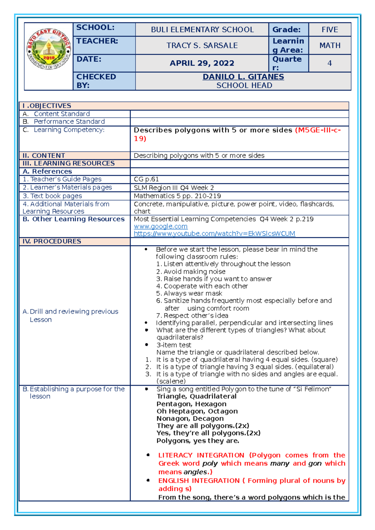 Lesson PLAN IN Mathematics 5 - SCHOOL: BULI ELEMENTARY SCHOOL Grade ...