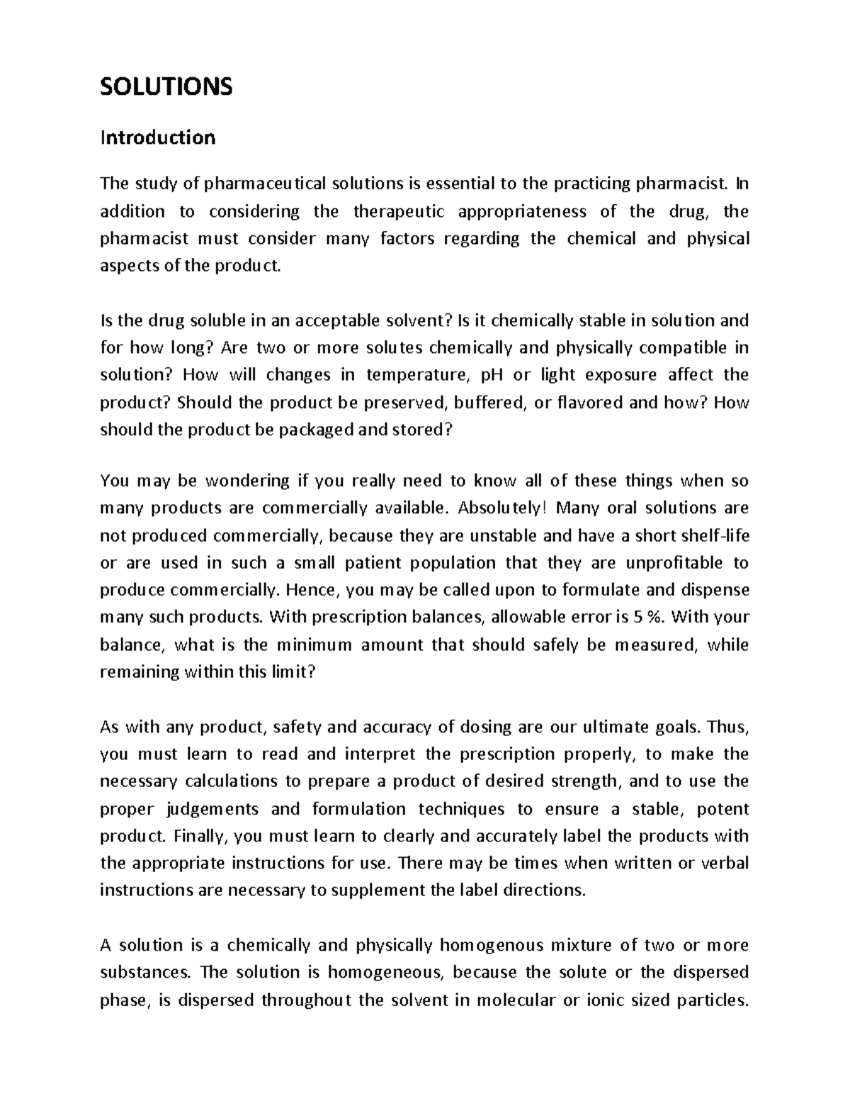 Solutions 307 - SOLUTIONS Introduction The study of pharmaceutical ...