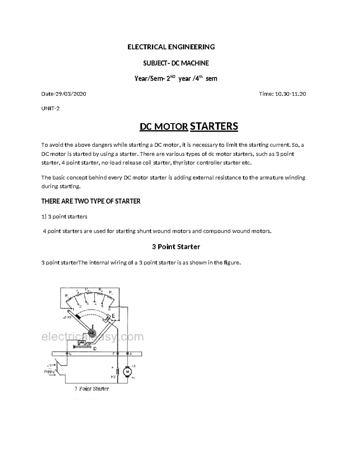 Starter - ELECTRICAL ENGINEERING SUBJECT- DC MACHINE Year/Sem- 2ND year ...