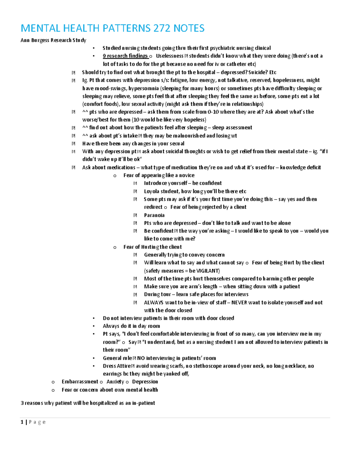 Mental Health Patterns 272 Notes - MENTAL HEALTH PATTERNS 272 NOTES Ann ...