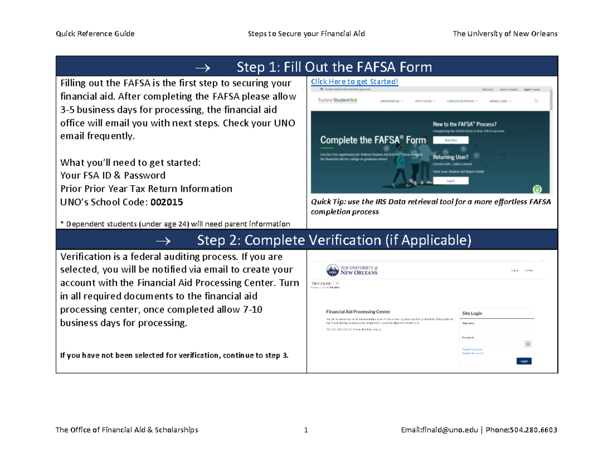 Fin Aid Quick Reference Guide - → Step 1: Fill Out the FAFSA Form ...