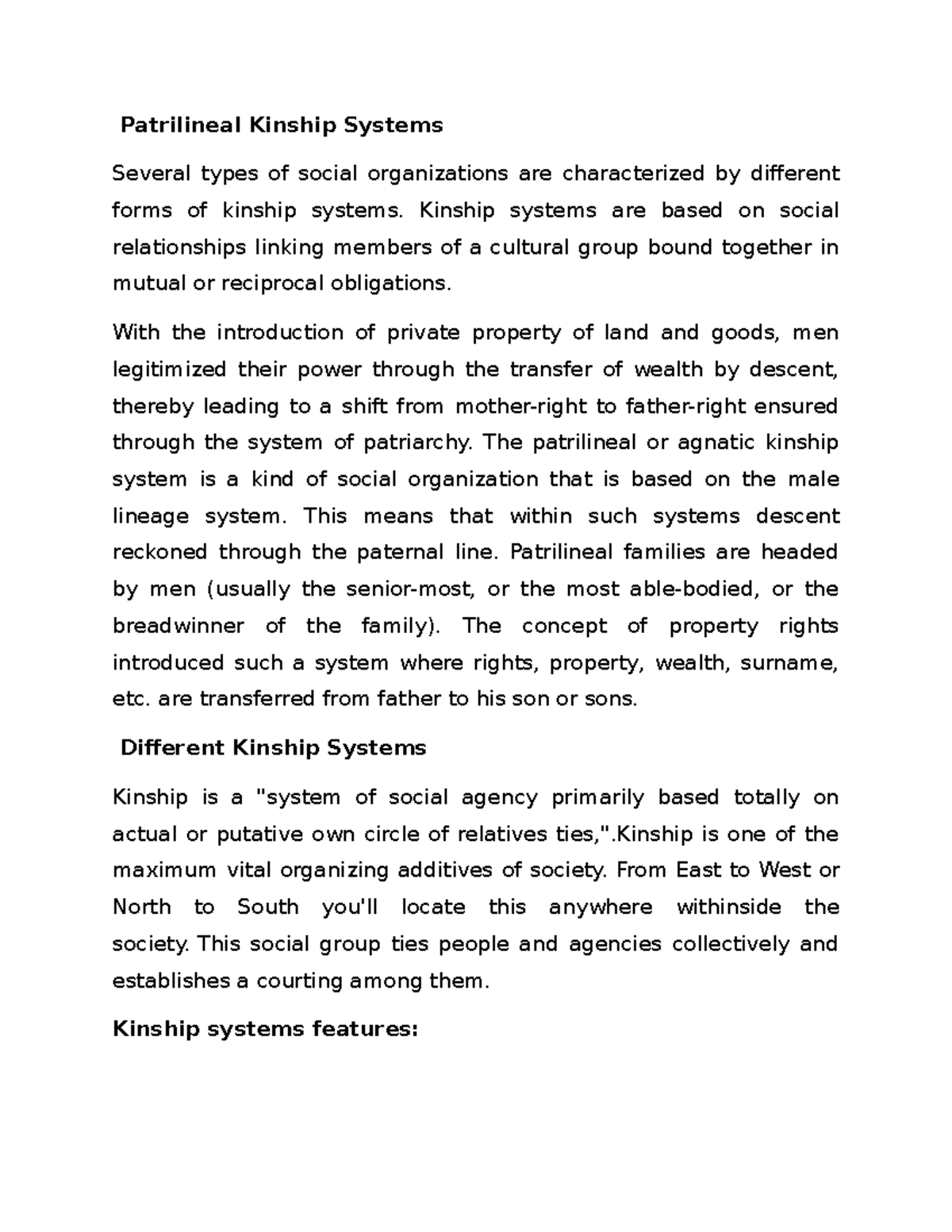Kinship Systems - Useful material for this course. - Patrilineal ...