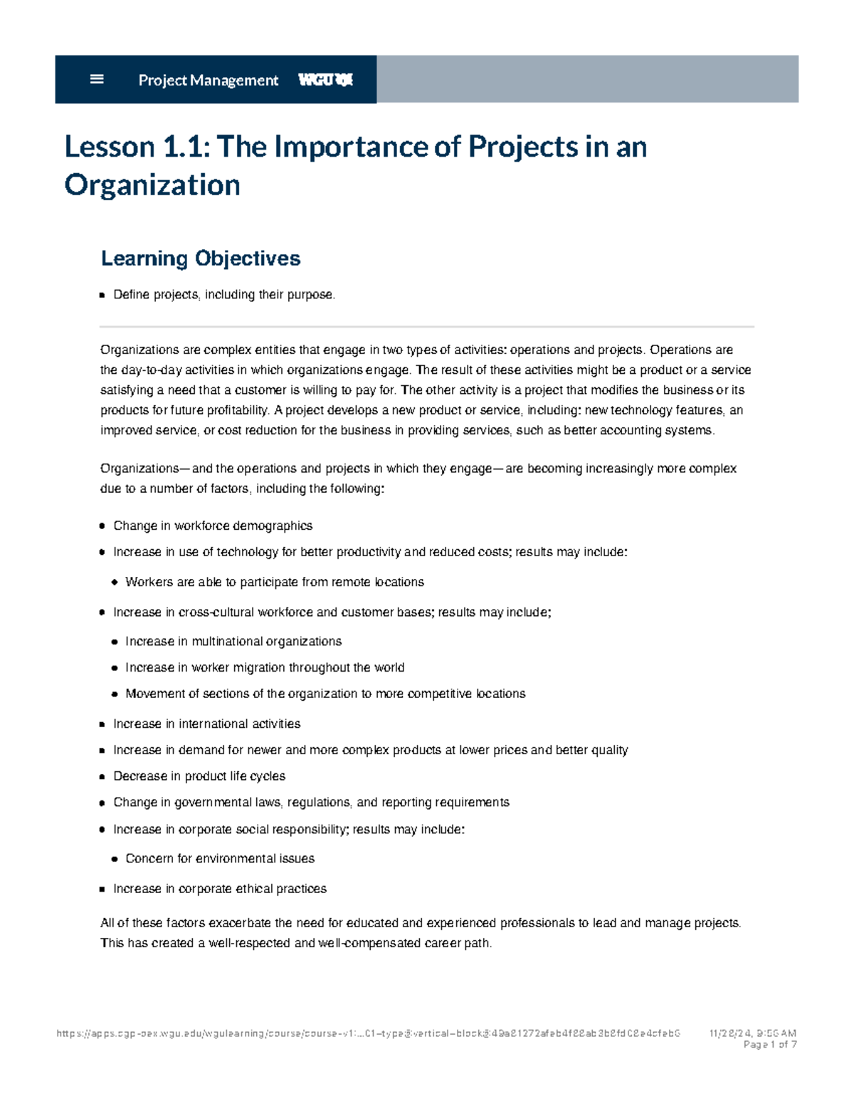 Page 1 - Page one of text. - Lesson 1: The Importance of Projects in an ...