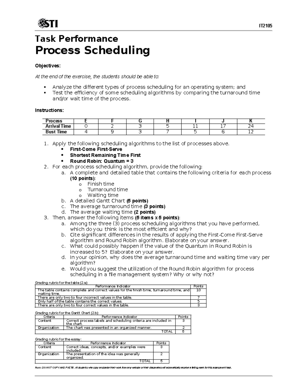06 Task Performance OS - none - IT Task Performance Process Scheduling Objectives: At the end of ...