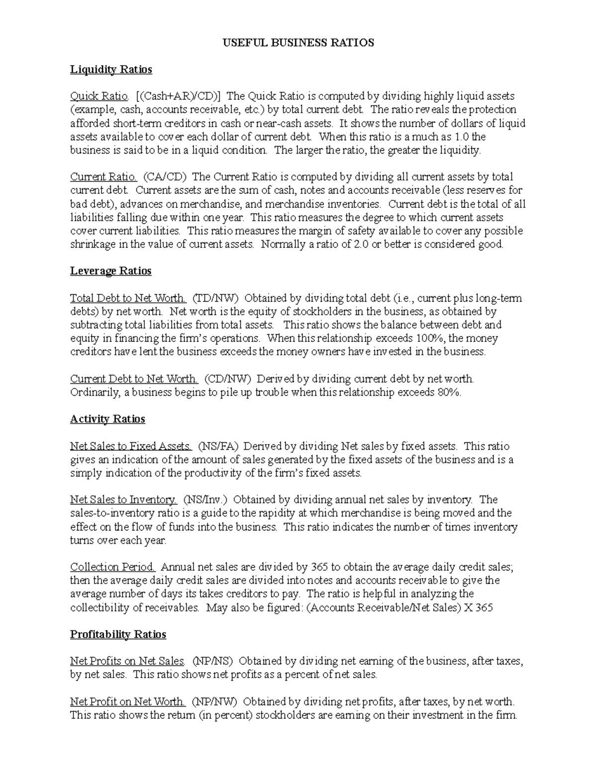 Business Ratios - Melissa Aldredge - USEFUL BUSINESS RATIOS Liquidity ...