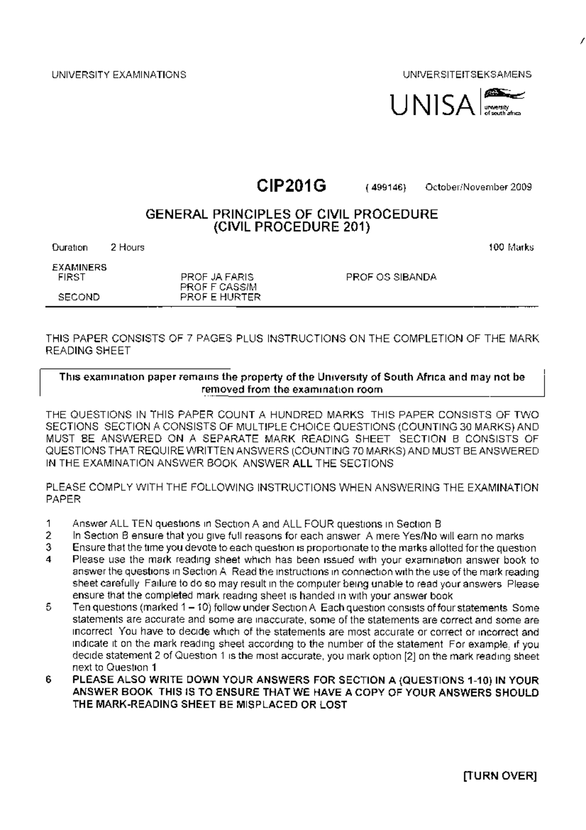 CIP2601 Past paper 2 - Summary General Principles of Civil Procedure ...