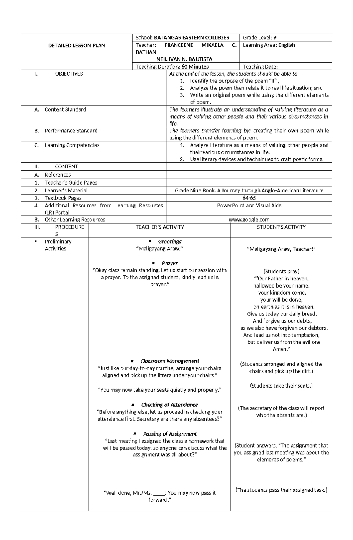 DLP - DETAILED LESSON PLAN School: BATANGAS EASTERN COLLEGES Grade ...