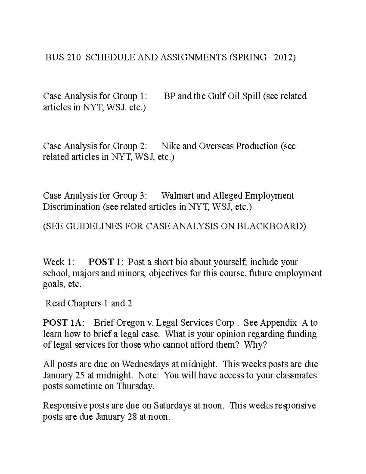 BUS 210 Schedule and Assignments Spring 2012 - BUS 210 SCHEDULE AND ...