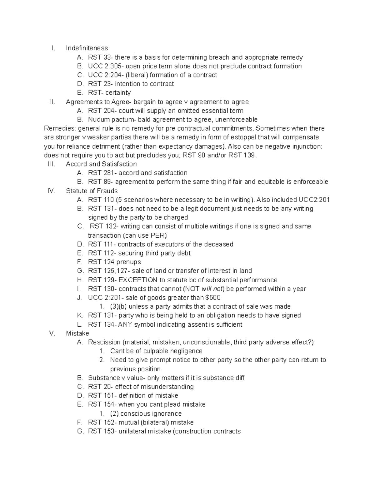 Contracts final attack outline - I. Indefiniteness A. RST 33- there is ...