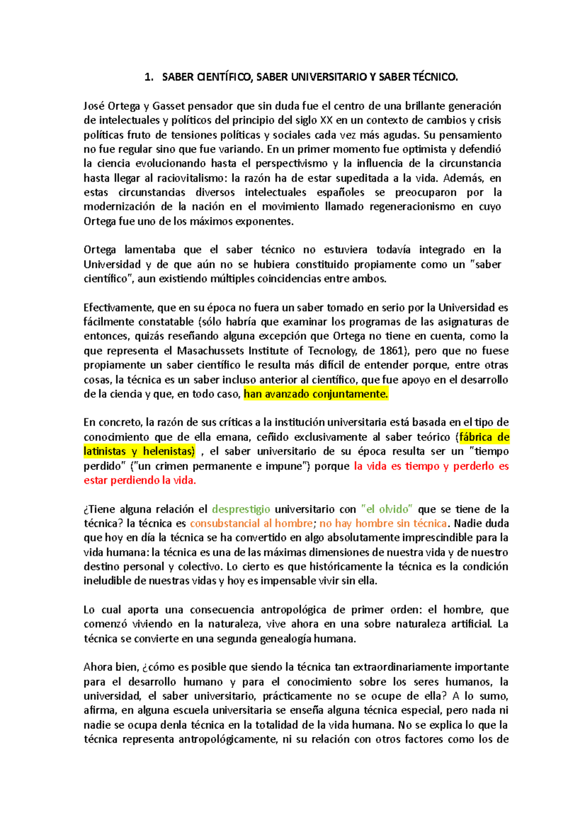 Redacciones ortega y gasset - 1. SABER CIENTÍFICO, SABER UNIVERSITARIO Y SABER TÉCNICO. José ...