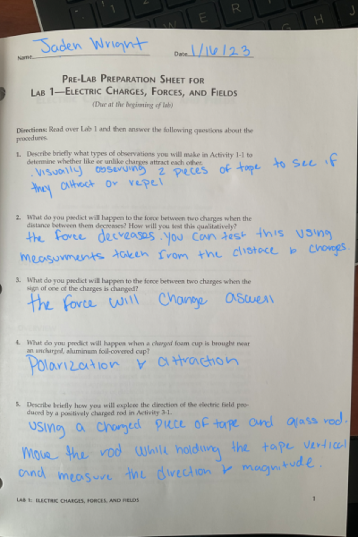 Phys 2 lab- prelab 1 - Jaden Wright Name Date PREPARATION SHEET FOR LAB ...