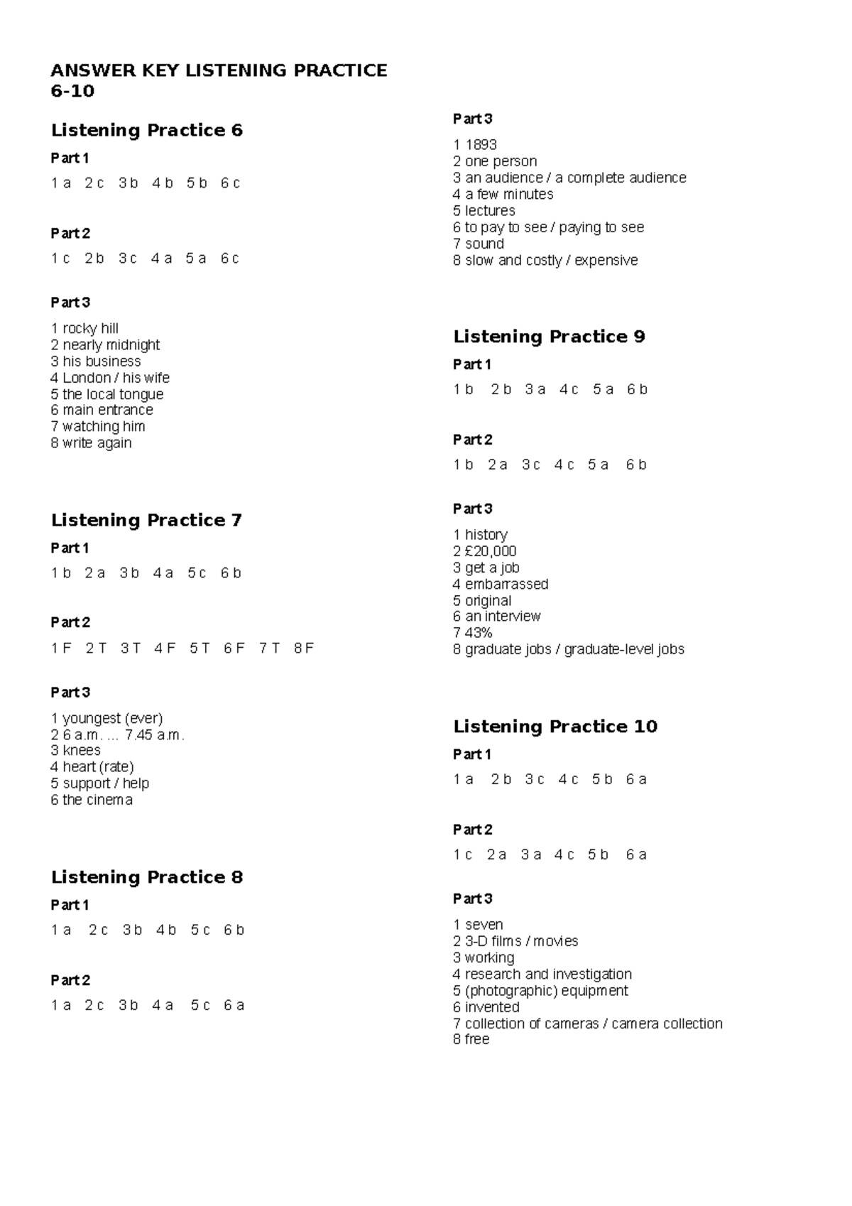 Answer KEY Listening Practice 6-10 - ANSWER KEY LISTENING PRACTICE 6 ...