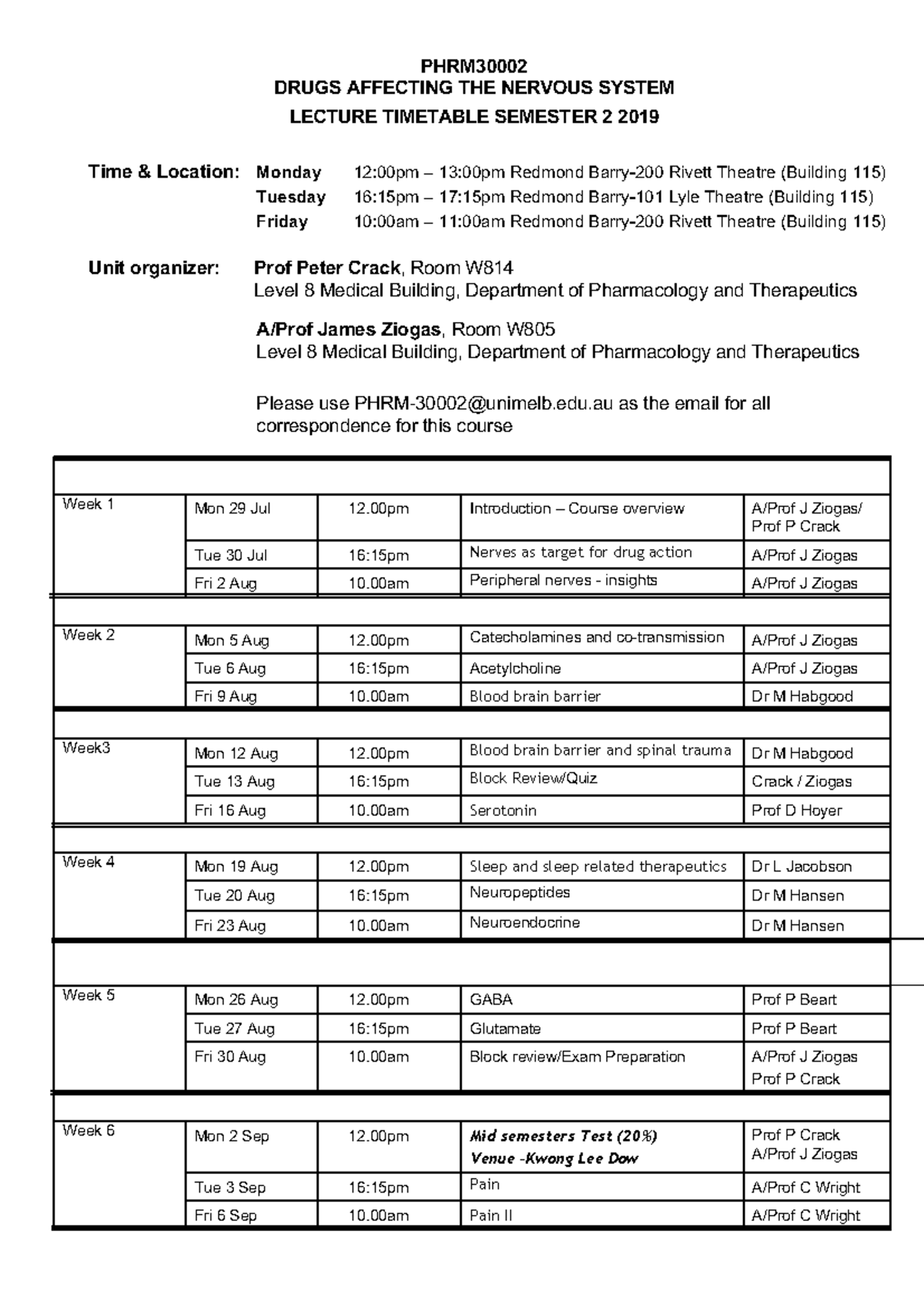 PHRM30002 Timetable 2019 final - DRUGS AFFECTING THE NERVOUS SYSTEM ...