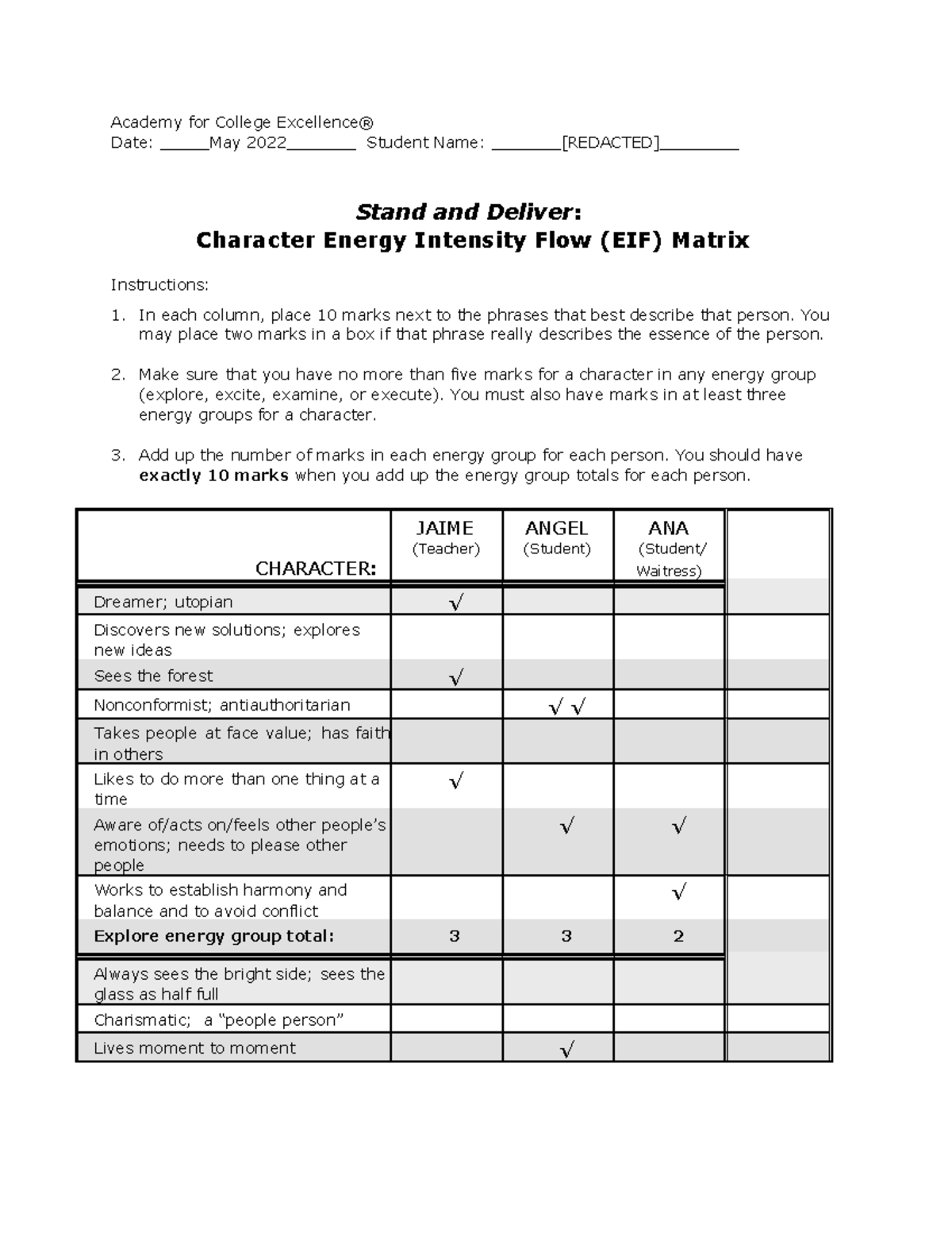 Stand and deliver character eif matrix Passed - Academy for College ...