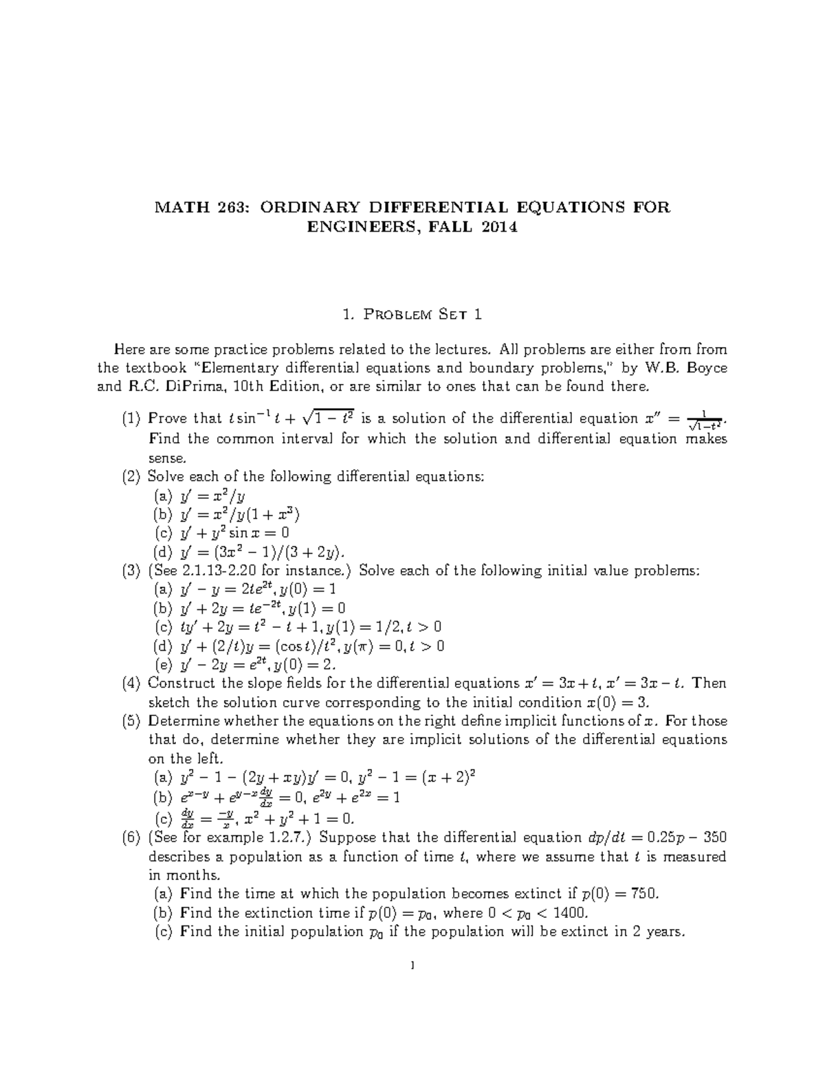 Tutorial work - problem set 1-14, questions - MATH 263: ORDINARY ...