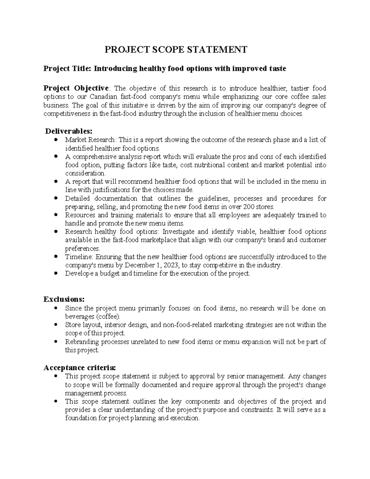 Assignment 1- Project Scope Statement - PROJECT SCOPE STATEMENT Project ...