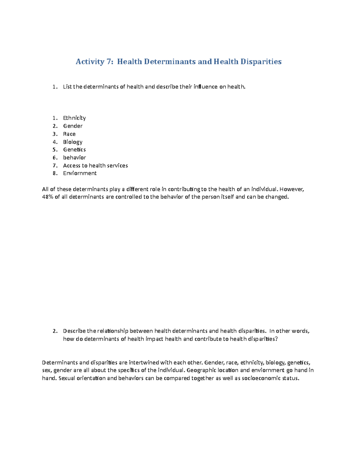 Activity 7 health determinants and disparities - Activity 7: Health ...