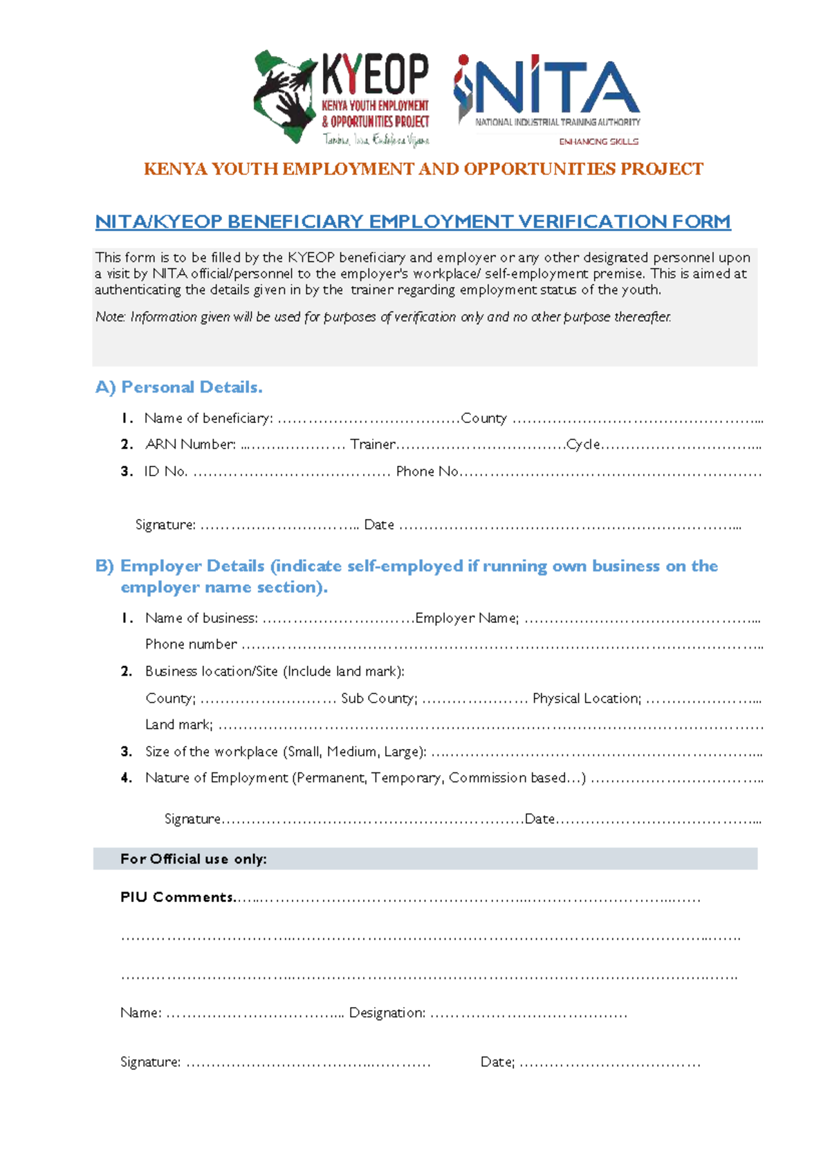 Employment Verification Form - KENYA YOUTH EMPLOYMENT AND OPPORTUNITIES ...