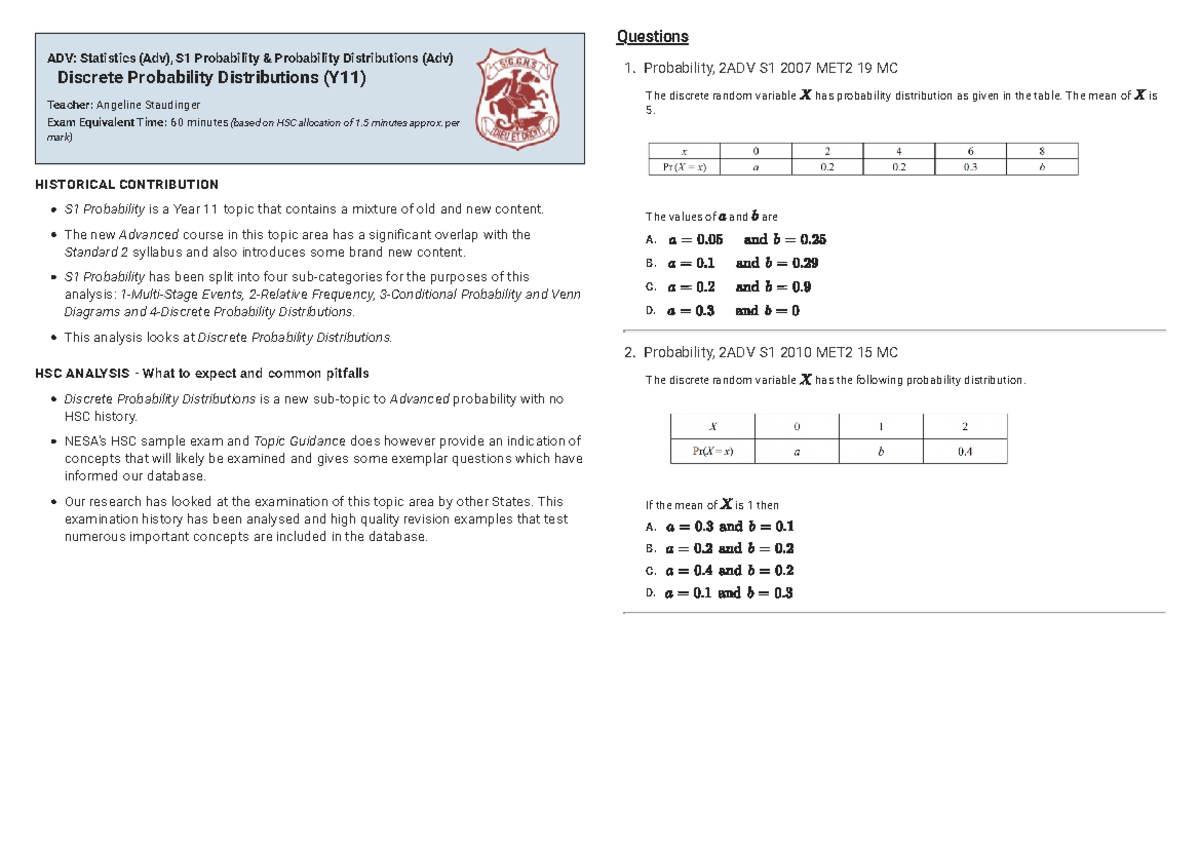 Smarter Maths - Yr 11 - Discrete probability distributions - ADV ...