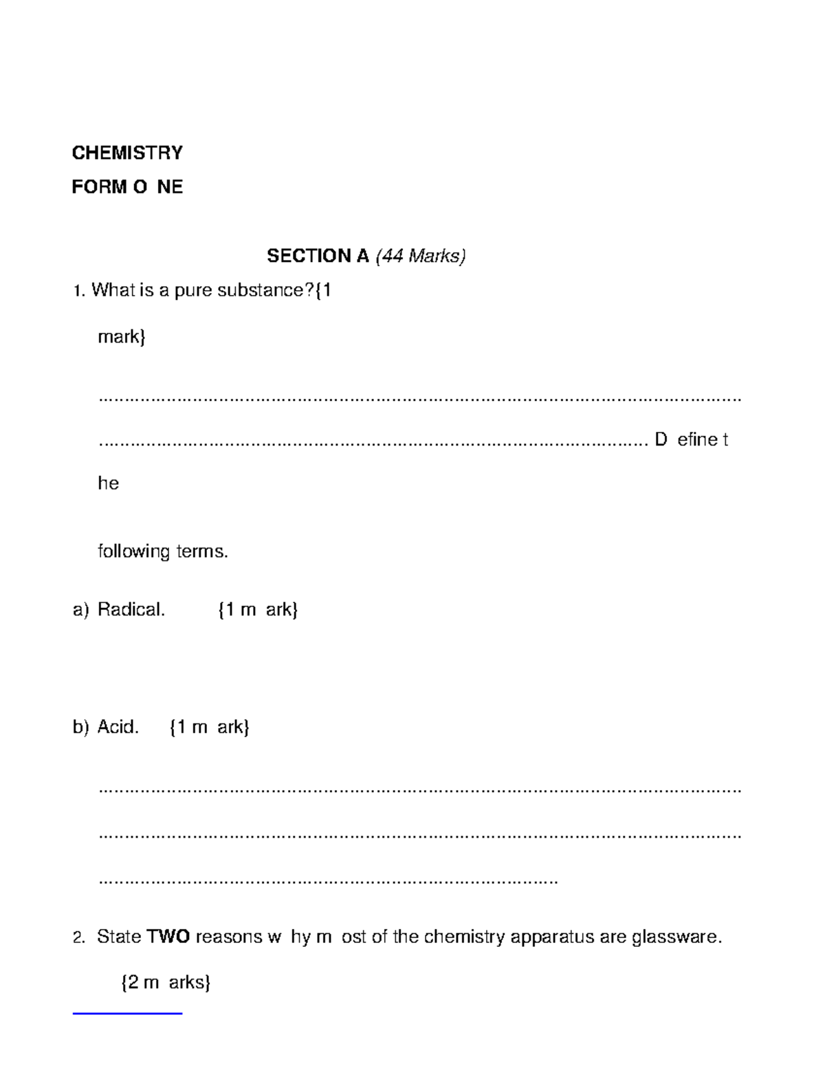 Chemistry FORM 1 Revision Booklet 2 - CHEMISTRY FORM O NE SECTION A (44 ...
