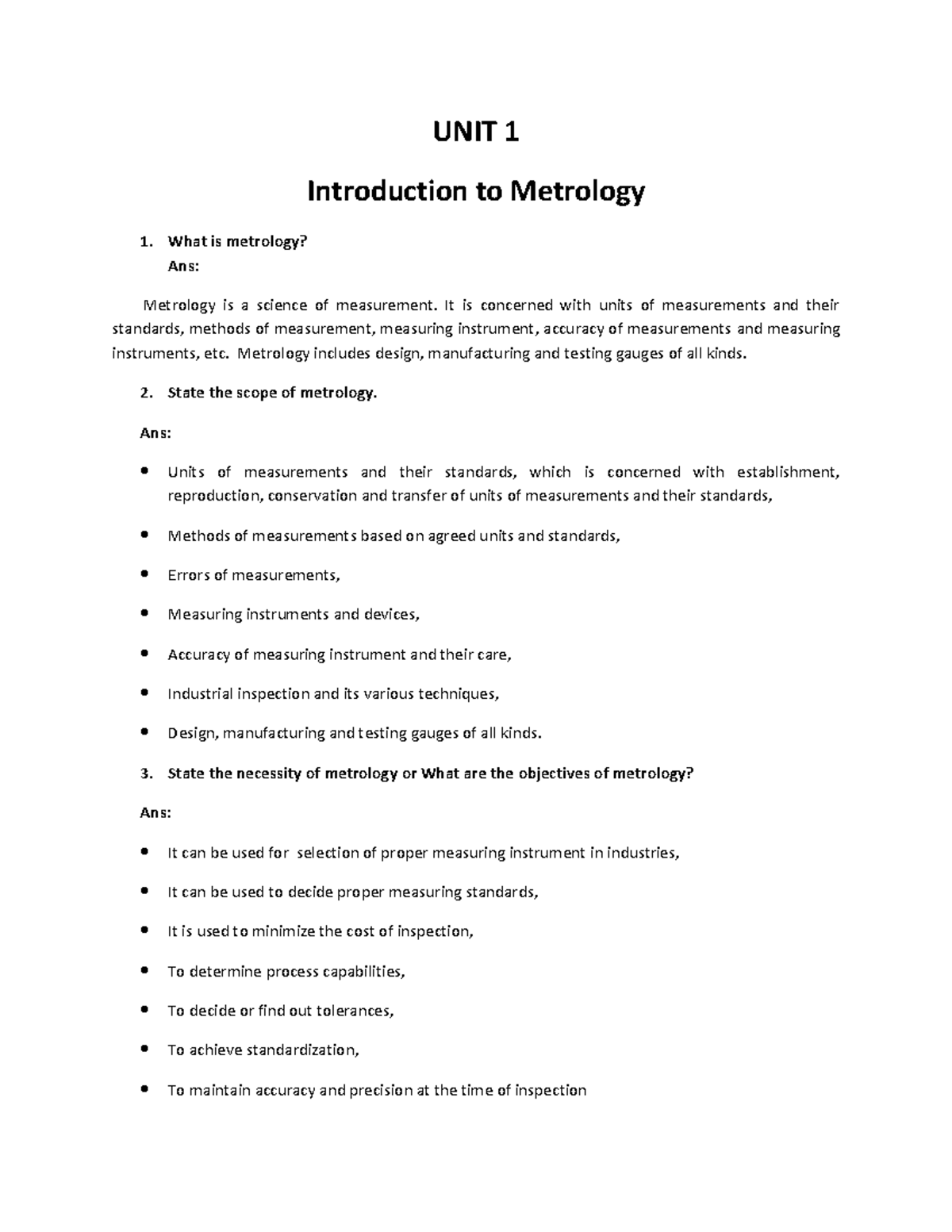 EME UNIT 1 notes - UNIT 1 Introduction to Metrology What is metrology ...