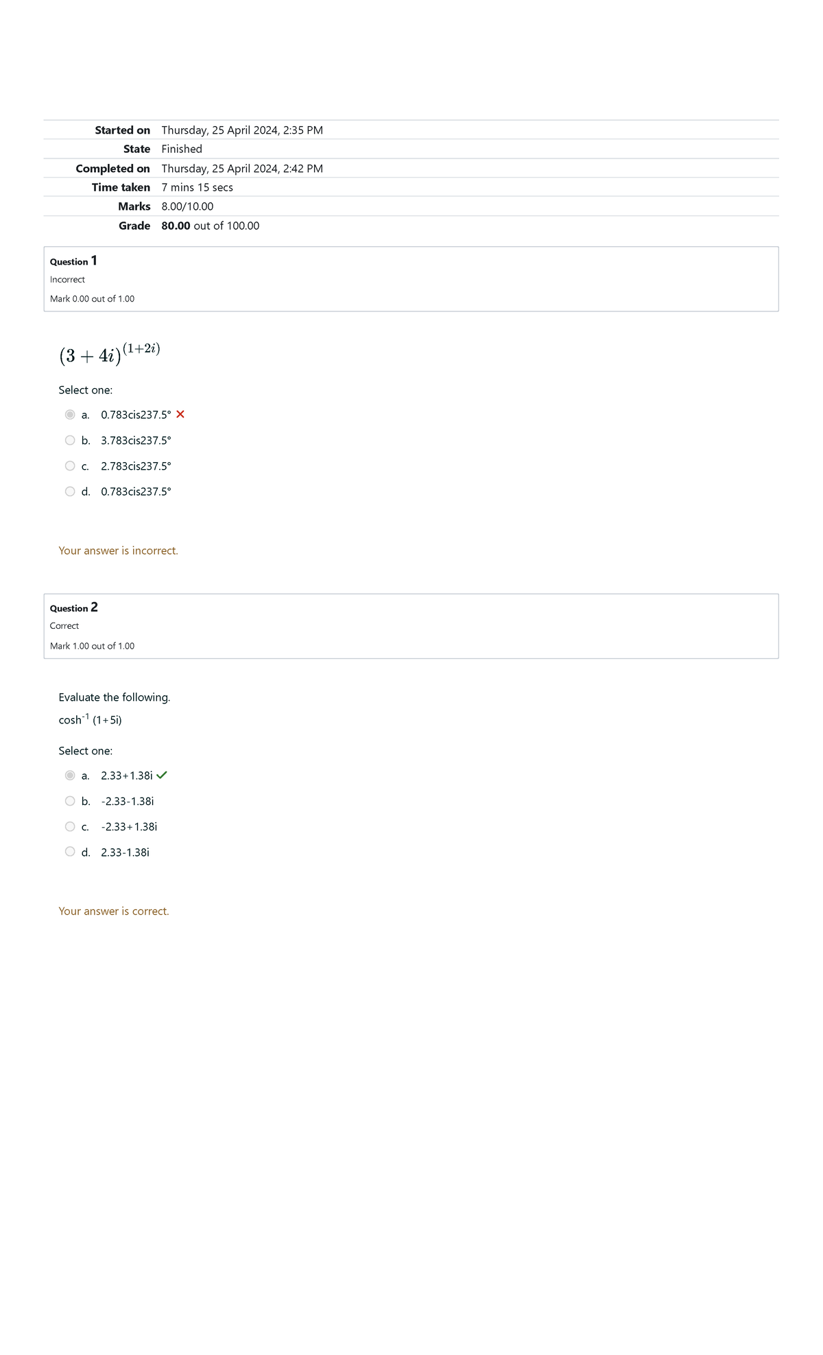 Advance math Prelim Quiz 2 Attempt review - Started on Thursday, 25 April 2024, 2:35 PM State ...