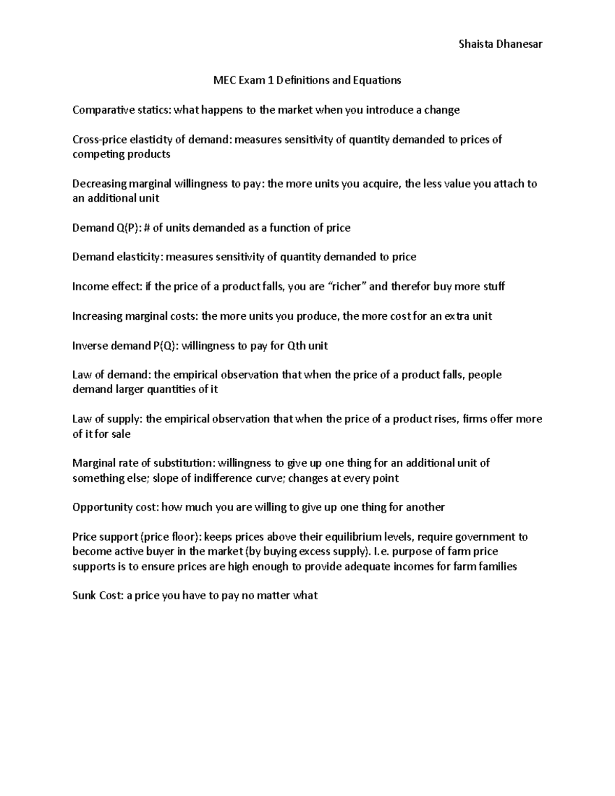 Mec Exam 1 Definitions and Equations - Shaista Dhanesar MEC Exam 1 ...