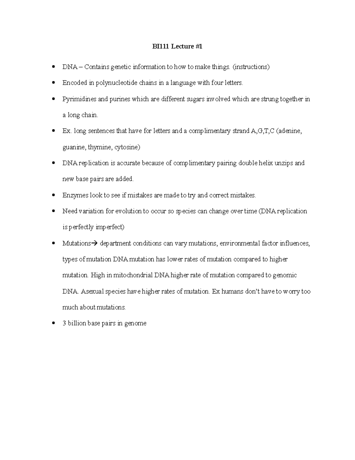 BI111-Lecture 11 - Lecture notes - BI111 Lecture # DNA – Contains ...