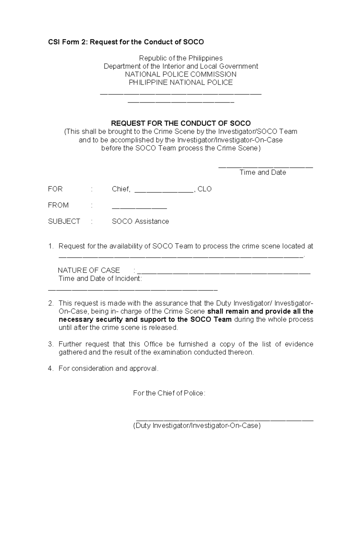 CSI Form 2 Request for the Conduct of SOCO - NATURE OF CASE : - Studocu