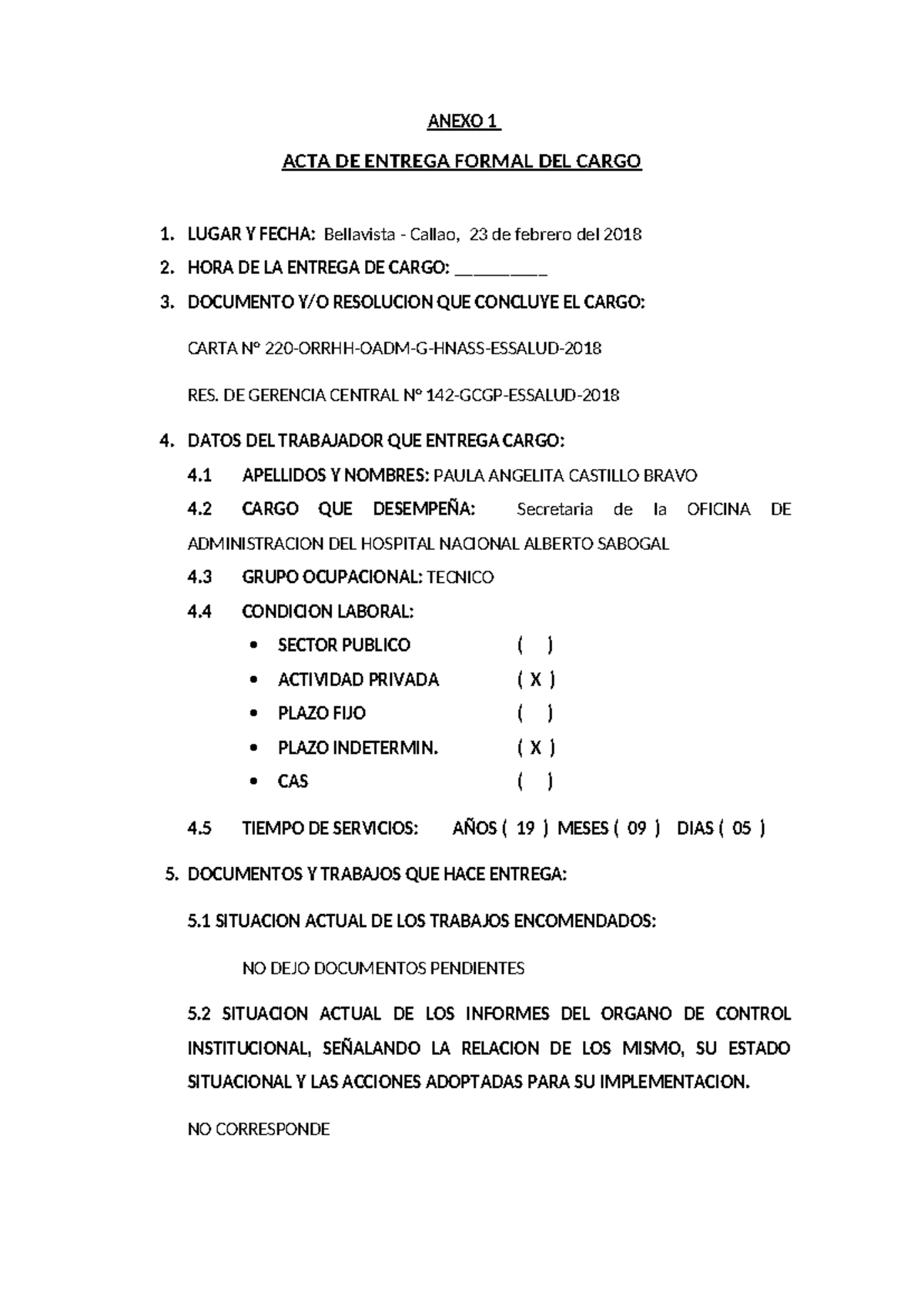 Formato Entrega DE Cargo (word) - ANEXO 1 ACTA DE ENTREGA FORMAL DEL ...