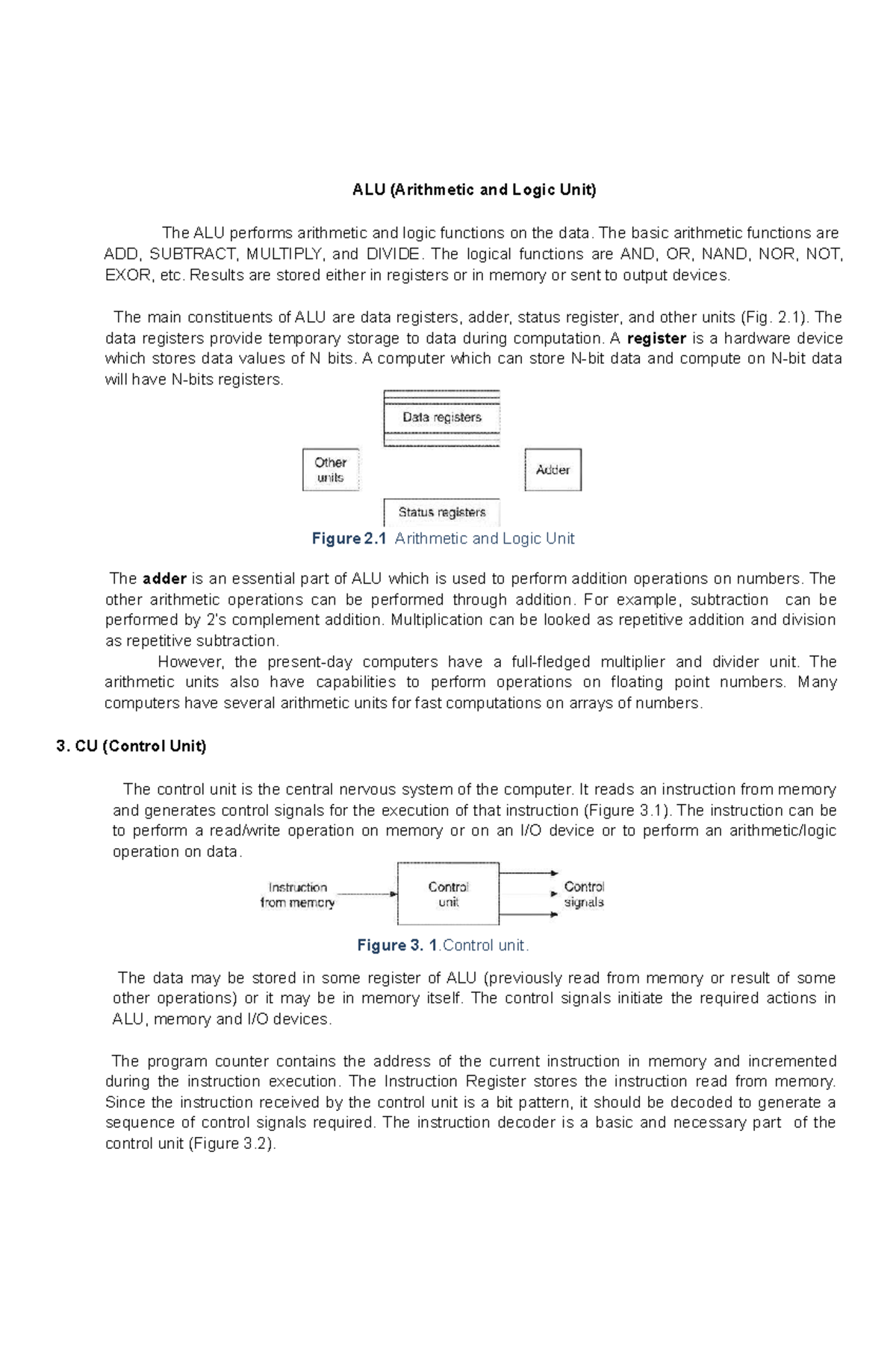 ALU (Arithmetic and Logic Unit) - The basic arithmetic functions are ...