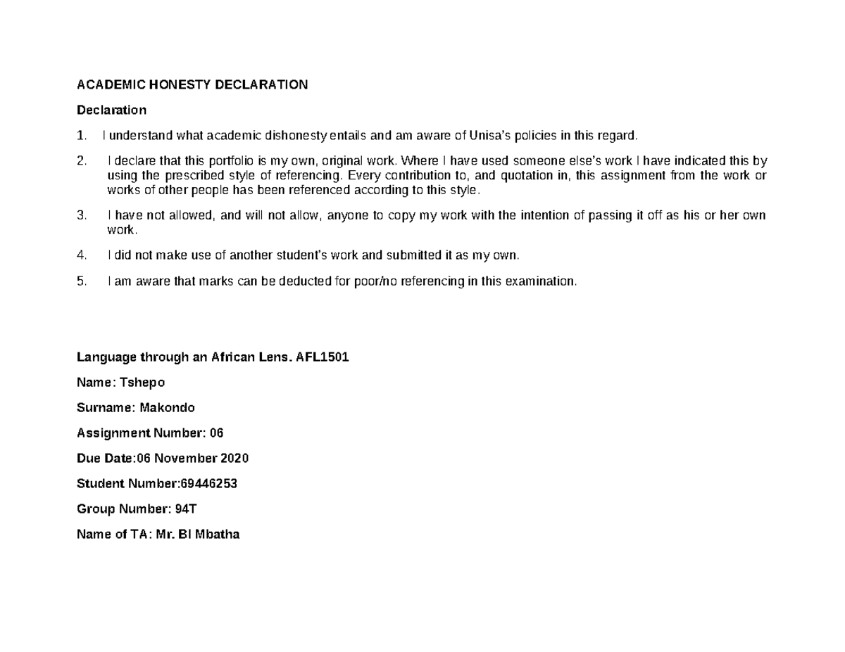 AFL1501 portfolio - ACADEMIC HONESTY DECLARATION Declaration 1. I ...