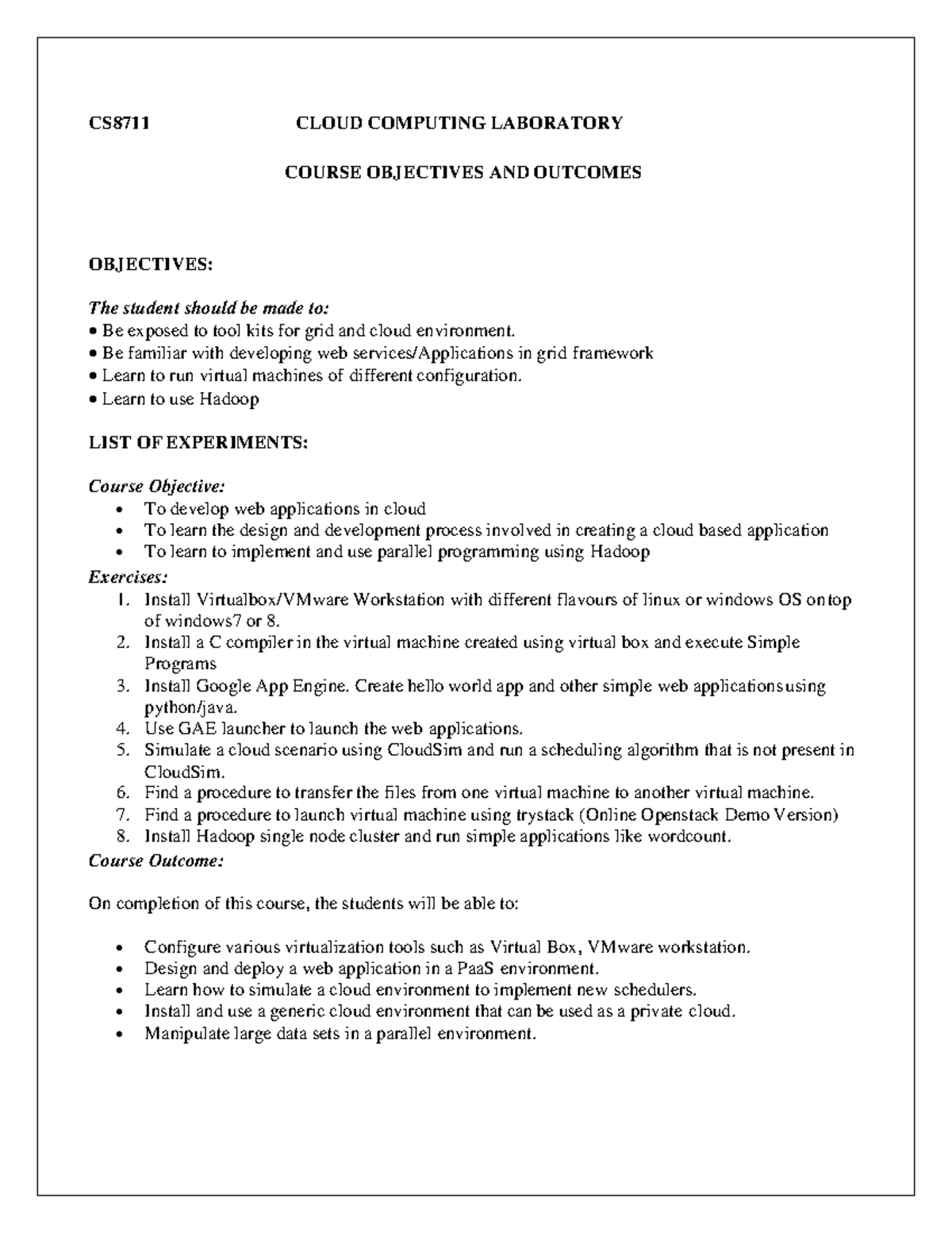Cc Lab Manual 2020 21 Removed Cs8711 Cloud Computing Laboratory Course Objectives And Outcomes