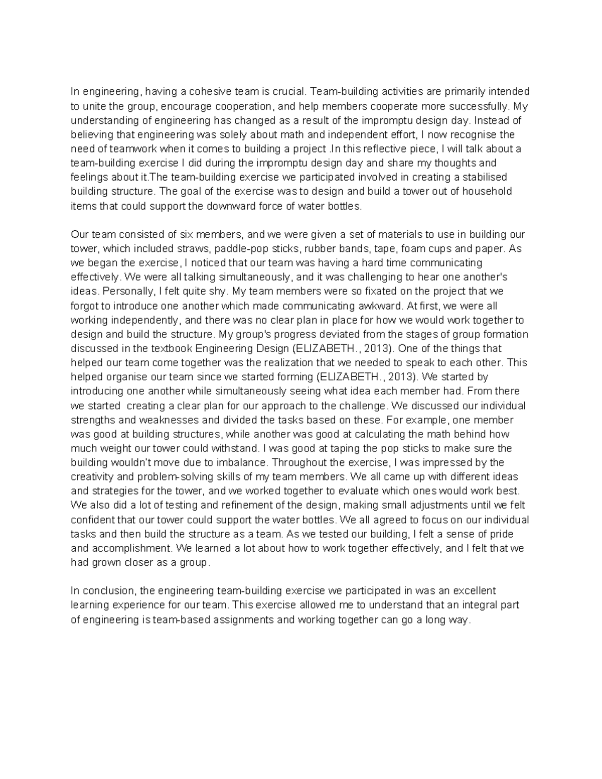 Reflective Piece 2 - Notes - In engineering, having a cohesive team is ...