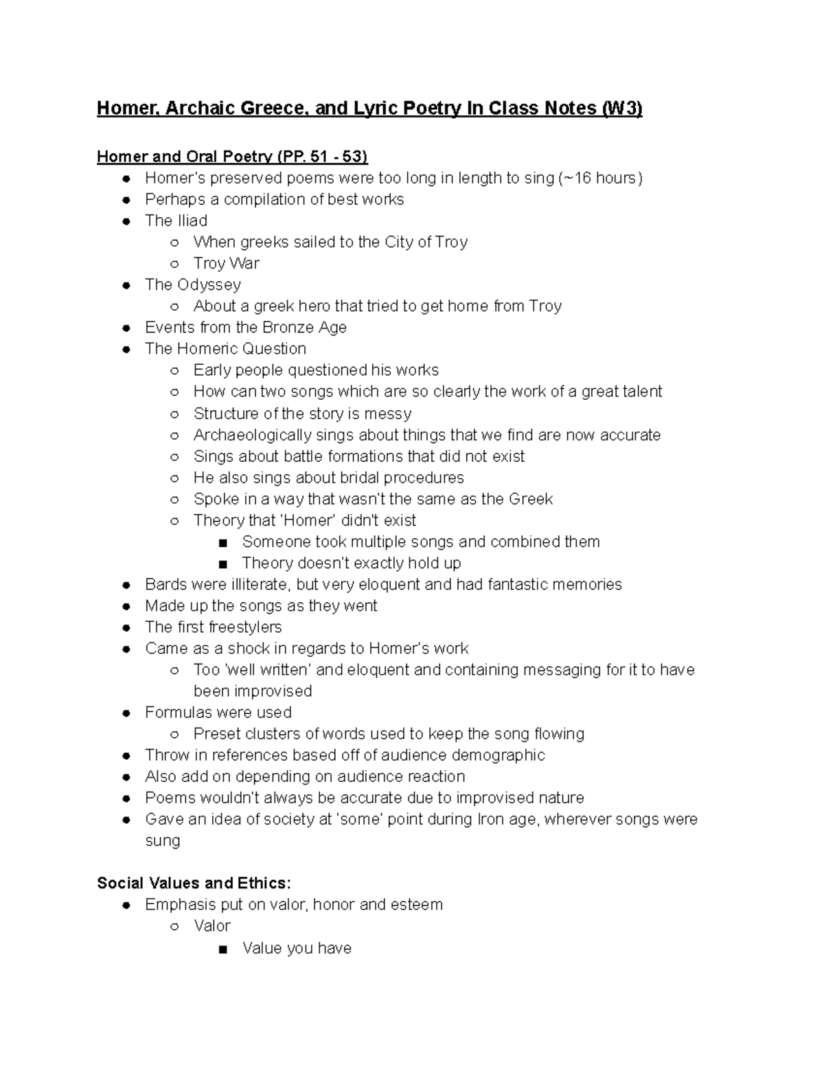 Classics Lecture Notes (Greek) - Homer, Archaic Greece, and Lyric ...