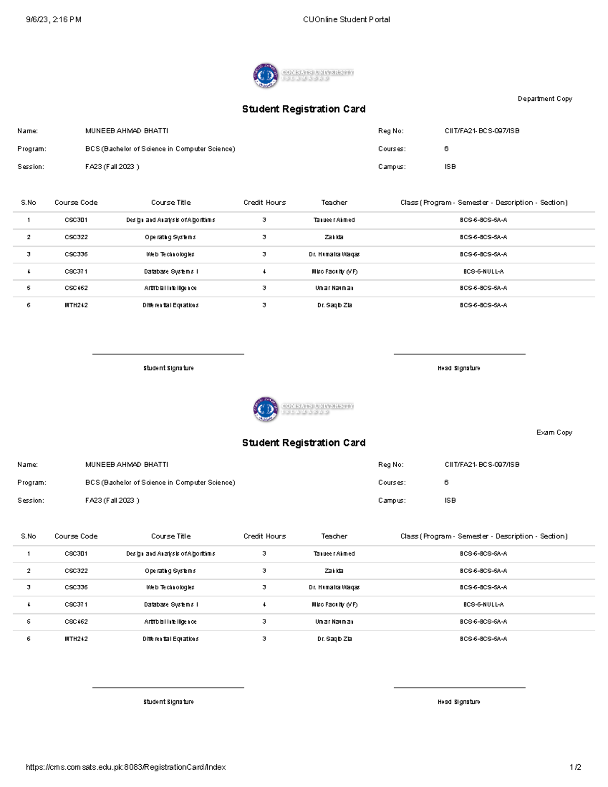 CUOnline Student Portal - comsats.edu:8083/RegistrationCard/Index 1 ...