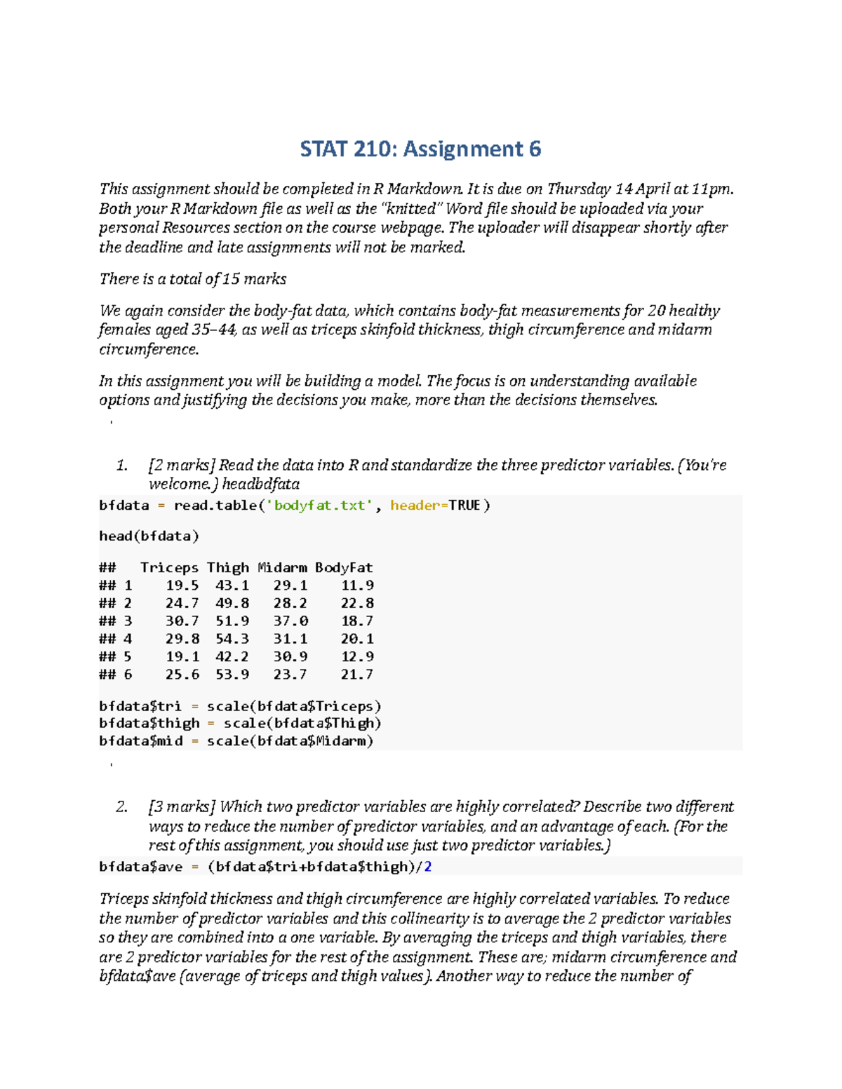 A6-STAT210-JAG Assignment 6 for stats - STAT 210: Assignment 6 This assignment should be ...