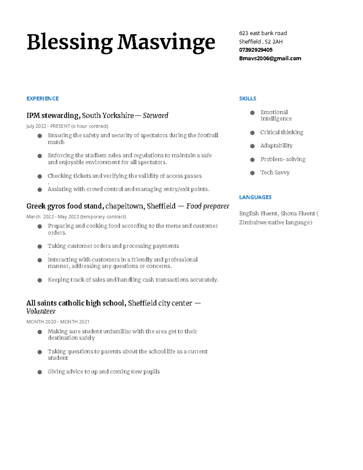 CV - its good - Blessing Masvinge 623 east bank road Sheffield , S2 2AH ...