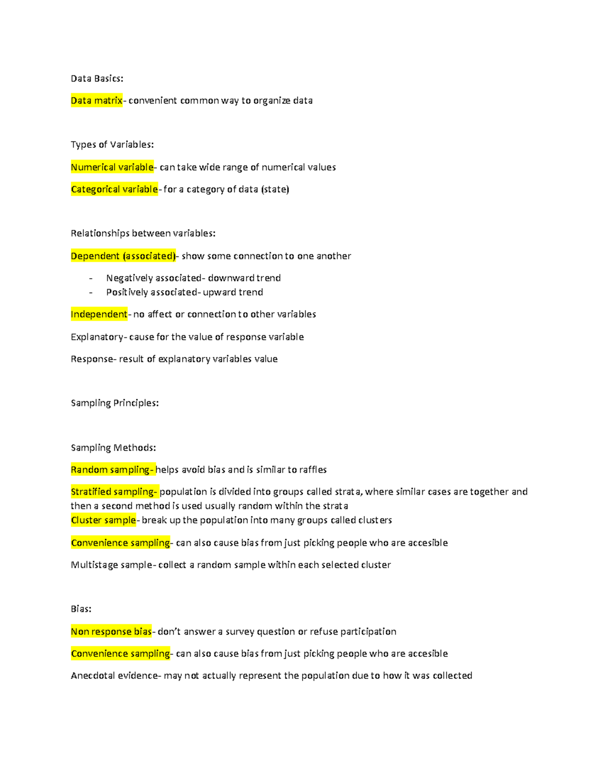 Data Chapter 1 Class Notes - Data Basics: Data matrix- convenient ...