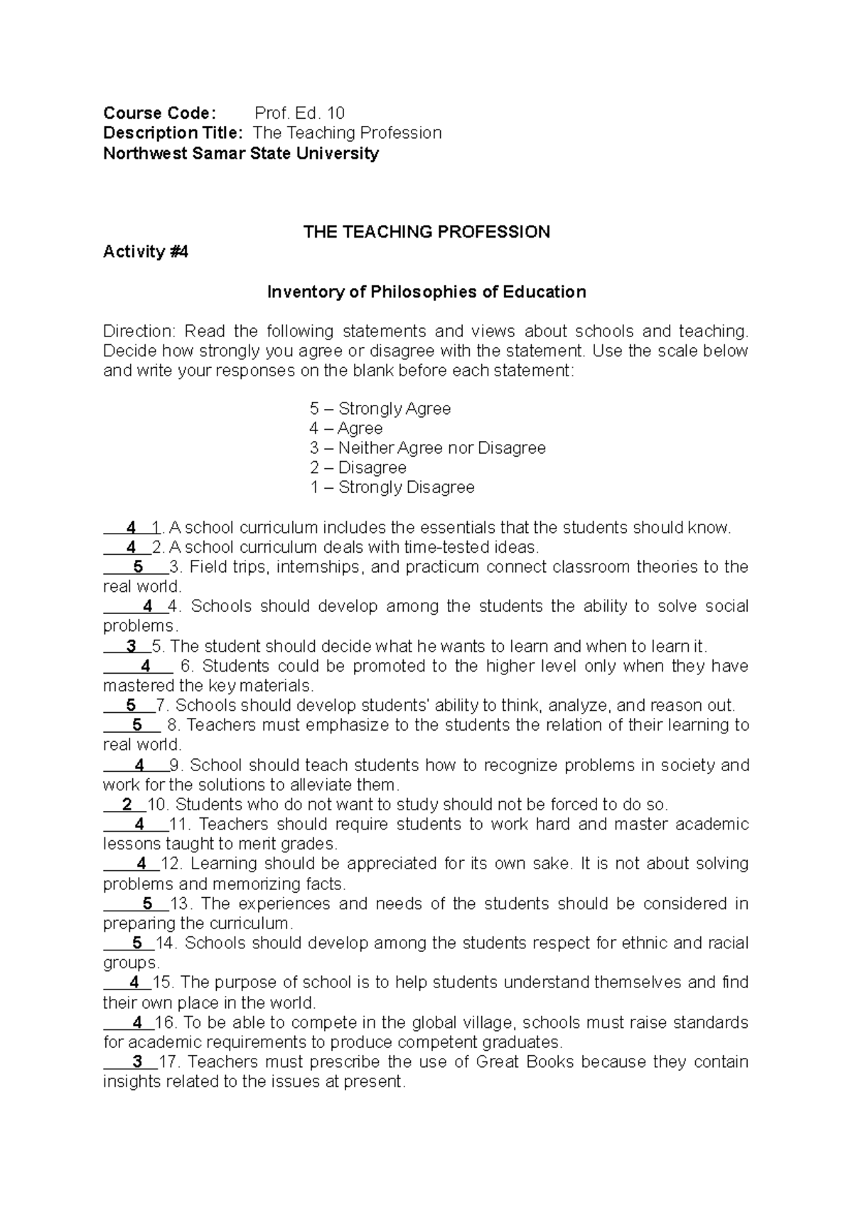 The-Teaching-Profession- Philosophical-Inventory-Activity-4 - Course ...