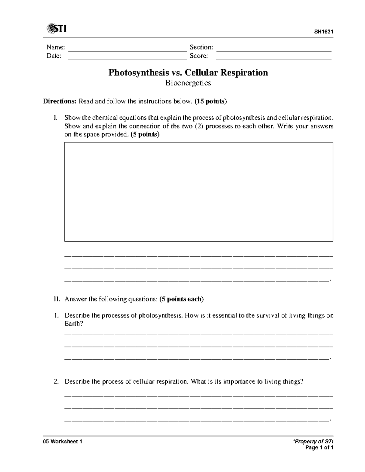 SH1631 - Earth and Life Science 05 Worksheet 1 - SH 05 Worksheet 1 ...
