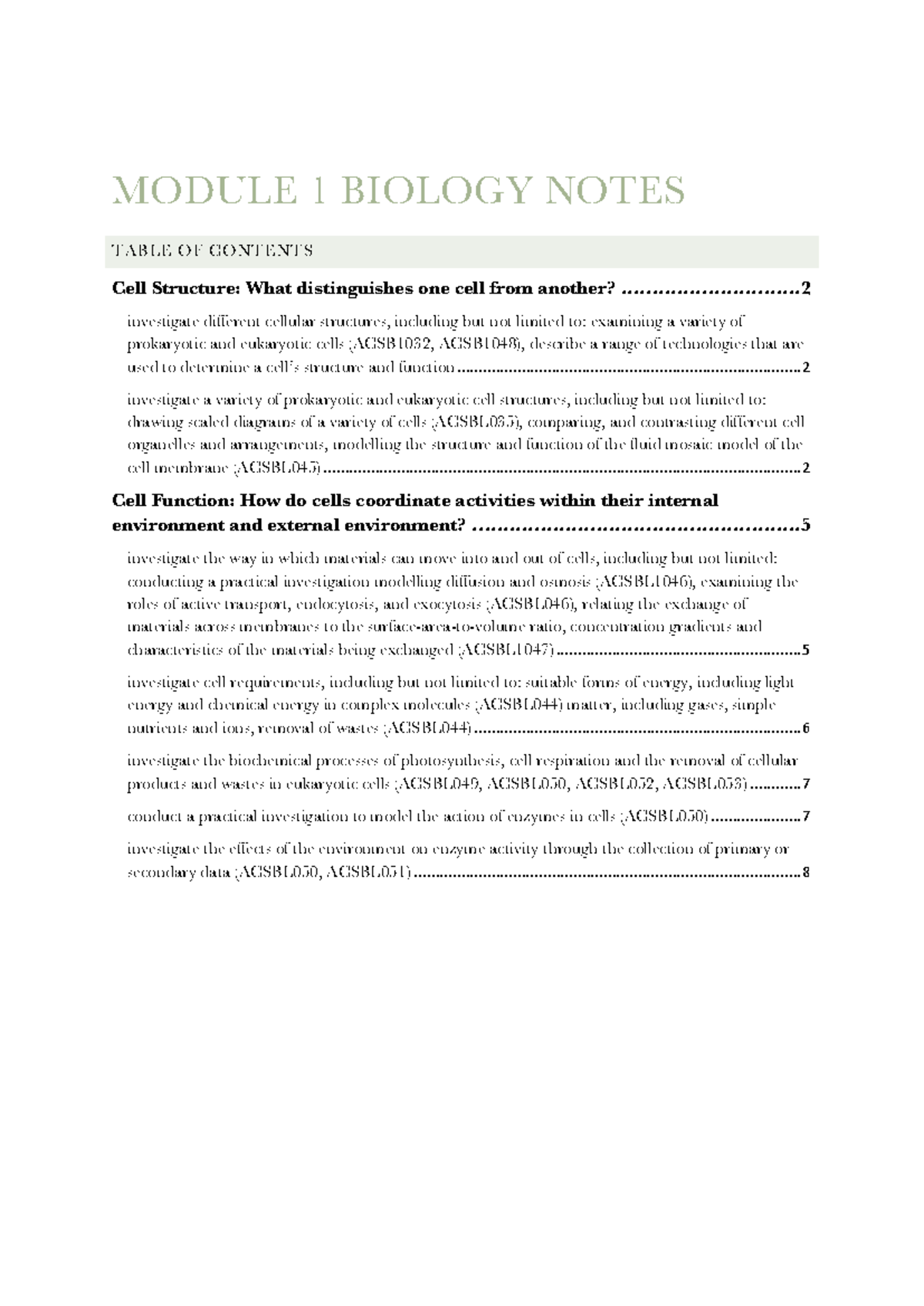 biology module 1 notes - MODULE 1 BIOLOGY NOTES TABLE OF CONTENTS Cell ...