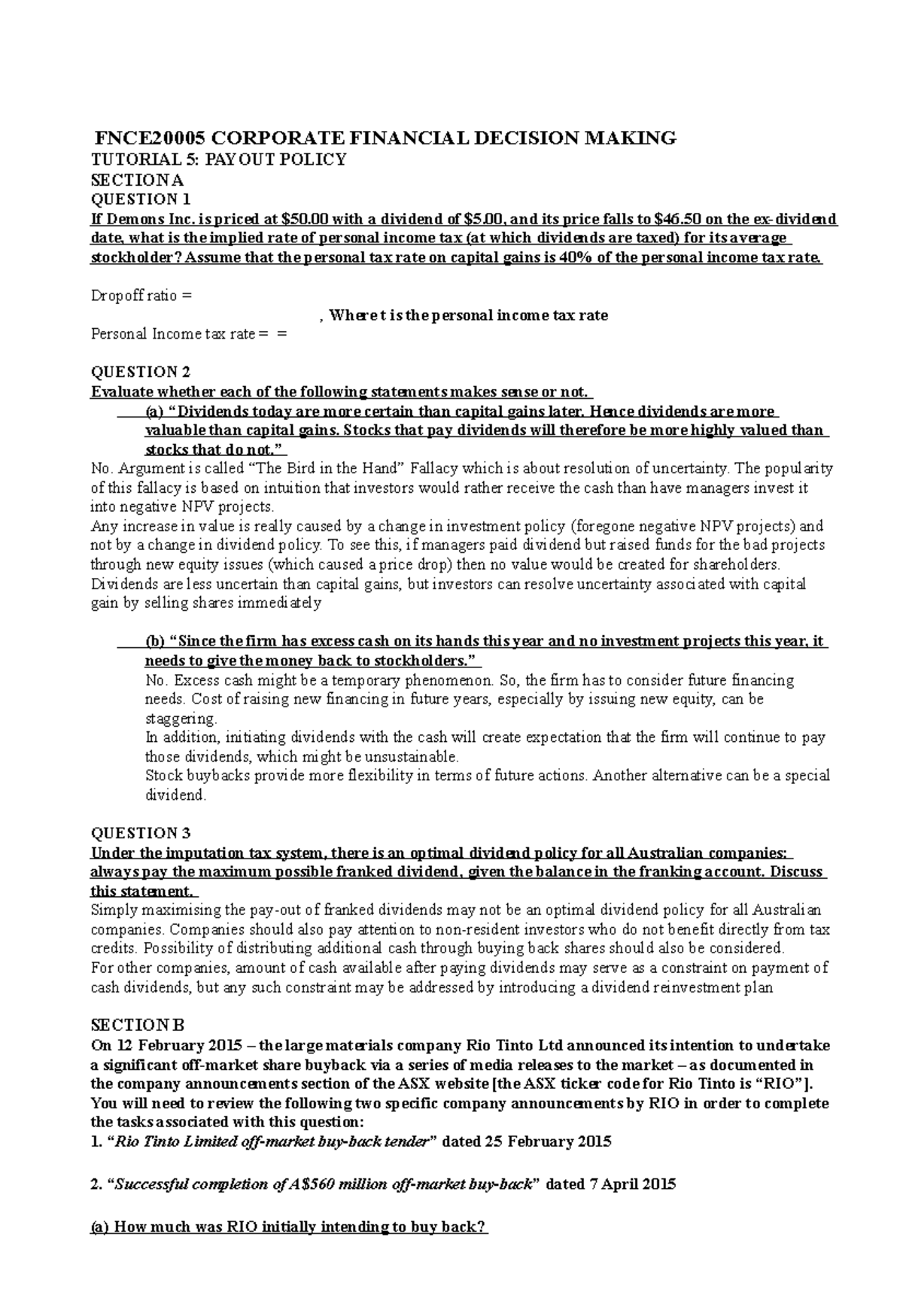 Tutorial 5 Payout Policy - FNCE20005 CORPORATE FINANCIAL DECISION ...