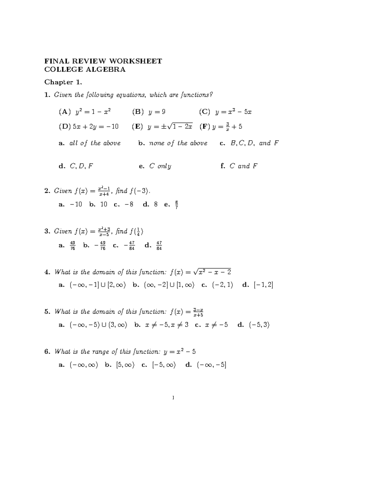 College Algebra Worksheets Printable - FINAL REVIEW WORKSHEET COLLEGE ...
