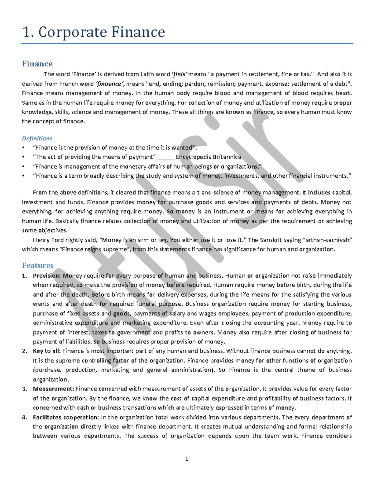 Notes of 1. Corporate Finance - 1. Corporate Finance Finance The word ...