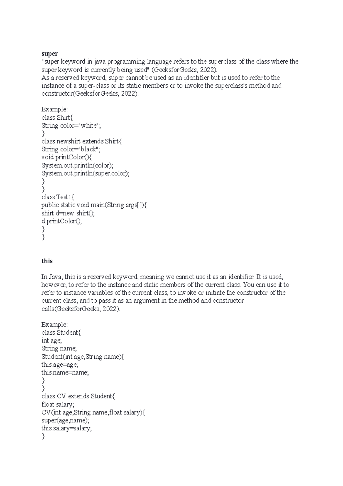 CS2DF5 - super "super keyword in java programming language refers to ...