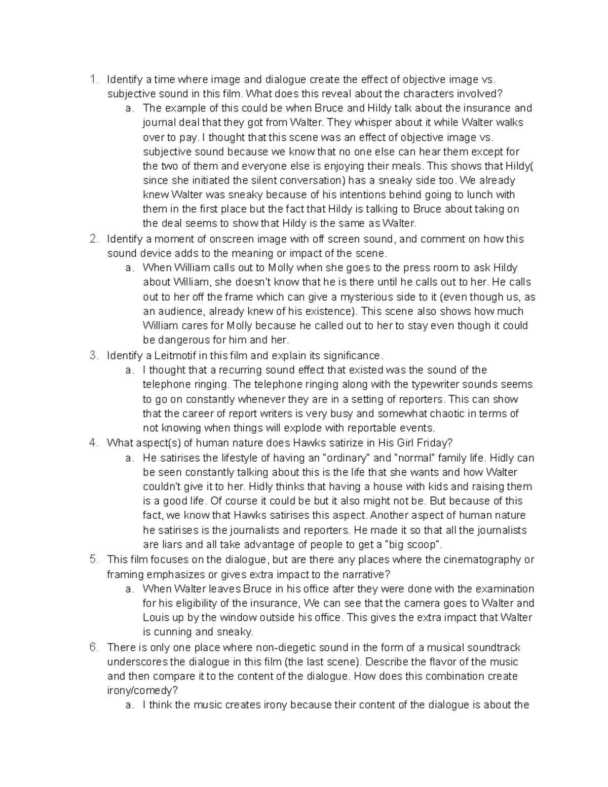 Film His Girl Friday Place Review Questions - 1. Identify a time where ...